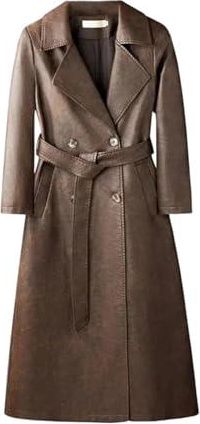 Generic Trench-coat en simili cuir pour femme - Veste longue dhiver double boutonnage &agrave; revers crant&eacute;, 2, L