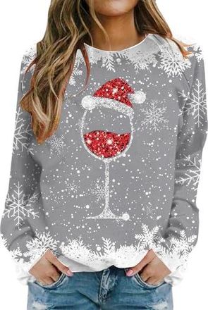 Generic 2026 Printemps Femmes Automne et Hiver Mode No&euml;l Tasse &agrave; Vin Imprim&eacute; Manches Longues Col Rond D&eacute;contract&eacute; Sweatshirt One, gris, XXL