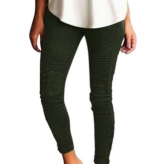 Generic Pantalon de travail pour femme, jegging motard skinny avec fermeture &eacute;clair &agrave; la cheville, taille pliss&eacute;e, pantalon crayon &agrave; enfiler, pantalon doux en