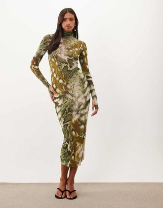 AFRM Shailene Mesh-Bodycon-Midikleid mit hohem Kragen und gr&uuml;nem Schlangenprint