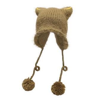 ZLYC Damen Katzenohr Slouchy Strickmütze Grunge Niedlich Wintermütze(Pom Pom Khaki),Einheitsgröße