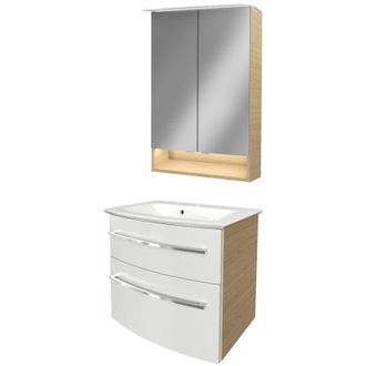 Fackelmann B.STYLE Badm&ouml;bel Set - Waschbecken mit Unterschrank und LED-Spiegelschrank in Wei&szlig; mit Holz braun - Waschbeckenunterschrank 60 cm h&auml;ngend