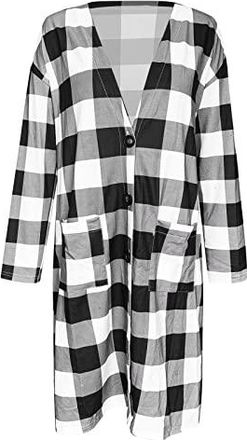 Generic 2026 Vestes pour femmes d&eacute;contract&eacute;es col en V boutonn&eacute; longue chemise &agrave; carreaux veste manteau, Noir, M