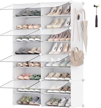 Songmics Schuhregal, Schuhschrank, f&uuml;r Garderobe und Eingangsbereich, anpassbar, 8 F&auml;cher, f&uuml;r bis zu 32 Paar Schuhe, wolkenwei&szlig;-transparent LPC034W01