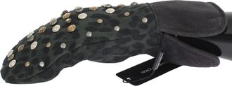 Dolce & Gabbana Mens Gray Wool Shearling Studded Green Leopard Gloves Merino
