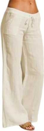 Generic Pantalon palazzo fluide en coton et lin pour femme avec cordon de serrage et taille &eacute;lastique avec poches, beige, XXL