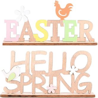 Pretyzoom 2 St&uuml;ck Holz Schriftzug Osterdeko Easter Hello Spring mit V&ouml;gelchen Blumen Huhn Desktop Ornament Ostern Party Festival Tisch Hause Bauernhaus Dekorati