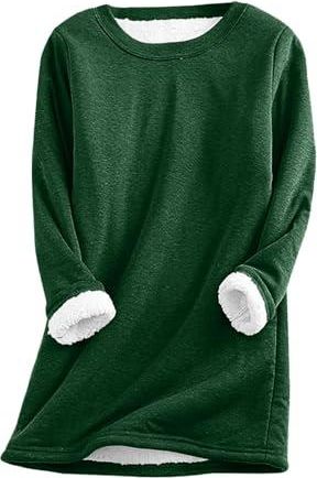 Generic Haut dautomne 2026 pour femmes, sous-manteau, col rond, couleur unie, chaud, manches longues, en polaire, décontracté, coupe ample, Vert, 3XL