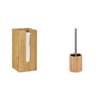 Relaxdays Toilettenpapierhalter stehend, für 3 Rollen & Silikon Toilettenbürste, antibakteriell, Klobürste mit Wechselbürstenkopf, Bambus Bürstenhalter, Natur/S