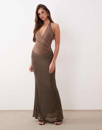 Asos Robe longue sir&egrave;ne &agrave; dos nu avec ornements &agrave; strass thermocoll&eacute;s - Marron d&eacute;grad&eacute;-Brown
