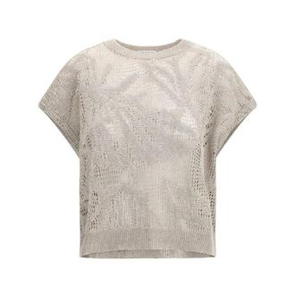 Brunello Cucinelli Femme, Pulls, Beige, Taille: 40 FR T-shirt en lin &agrave; manches courtes