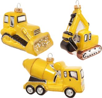 Krebs Glas Lauscha Weihnachtsdekoration/Christbaumschmuck aus Glas - Set 3 Baustellenfahrzeuge - Farbe: Gelb - Gr&ouml;&szlig;e: ca. 8,6-12 cm