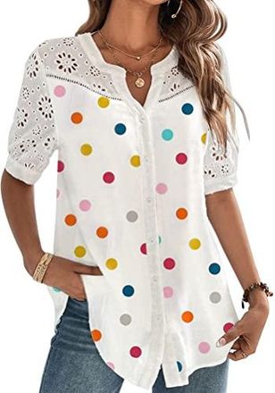 Onsoyours Chemises Femmes Dentelle Décontracté Tunique À Manches Courtes Tops Col en V Chemise Boutonnée Tops Chic Blouse Élégant Floraux T Shirt Chemisier Été 