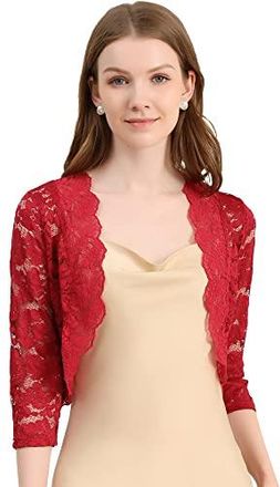 Allegra K Boléro Femme Élégant en Dentelle Floral à 3/4 Manches Cardigan Transparent à Haussement dÉpaule Boléro pour Mariage et Fête Gilet Court Léger Devant O