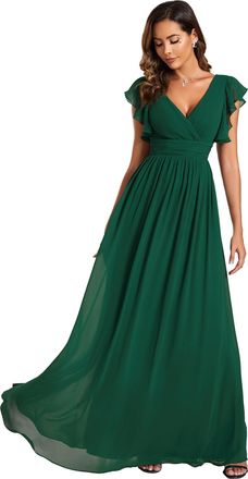 Ever-pretty Abendkleid Lang Elegant f&uuml;r Hochzeit V-Ausschnitt A-Linie Ballkleider Damen Neckholder Brautjungferkleider Chiffon Dunkelgr&uuml;n 56