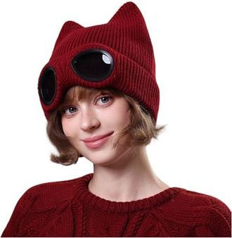 Generic M&uuml;Tze Bonnet dhiver pour femme - Coupe-vent - Avec oreilles de chat et verres int&eacute;gr&eacute;s - Chapeau tendance, vin, taille unique