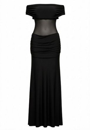 Goddiva Maxikleid Gathered Off The Shoulder Mesh Waist Panel Maxi Dress Langes Kleid, Meerjungfrau, Bodycon
