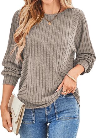 Dokotoo Damen Pullover Rundhals Fledermaus&auml;rmel Langarmshirt Herbst Winter Leichter Strickpullover Pulli Casual Loose Fit Oberteile Geripptes Sweatshirt, perg