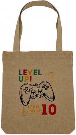 Fabulous Sac Shopping Tote Bag Aspect Lin - Level Up! Unlocked 10 Anniversaire Celebration Enfant Cadeau Jeux Video Anglais - Sac de Courses Toile Epaisse 360g