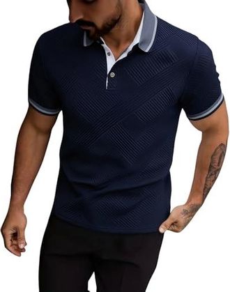 Generic Chemise basique boutonn&eacute;e pour homme, polo vintage d&eacute;contract&eacute;, l&eacute;ger et respirant, t-shirts dext&eacute;rieur, bleu marine, 3XL