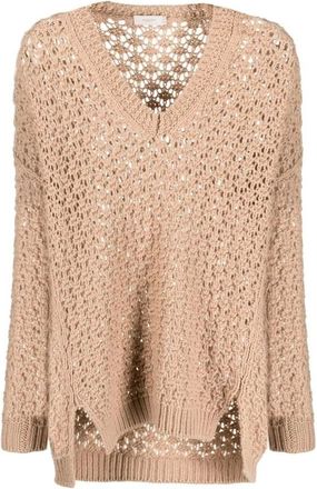 Agnona Femme, Pulls, Beige, Taille: 38 FR Pull en maille ajour&eacute;e &agrave; col en V