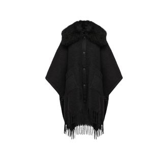 Moncler Moncler Shearling Collar Mohair, Alpaca & Wool Blend Cape, Women, Black, Size: One Size