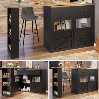 Generic LZPUOUI Bartisch Hochtisch 138-204 cm Schwarz Bistrotisch mit 360 Grad drehbar ausziehbar Schublade Acryl-T&uuml;ren Regalen in MDF K&uuml;cheninsel Beistellsch
