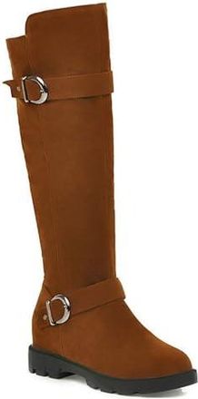 Generic Bottes d&eacute;quitation montantes pour femme avec sangle &agrave; boucle, fermeture &eacute;clair lat&eacute;rale, confortable, remorquage rond, talon compens&eacute; cach&eacute;, chaussure