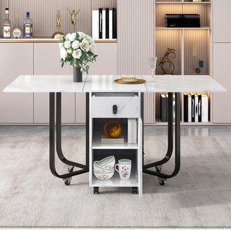 Generic Klappbarer Esstisch mit Aufschrank Schubladen Stauraum Rechteckiger K&uuml;chentisch mit Riemenscheibe Platzsparender Kaffee-Freizeittisch f&uuml;r 4-6 Personen