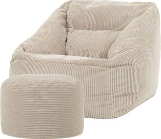 Icon Brand Natalia Sitzsack Sessel mit Hocker f&uuml;r Erwachsene, Beige, Flauschiger Cord Stoff, Riesen Sitzsack Cord mit F&uuml;llung, Bean Bag Chair, Bequemer Sessel Wo
