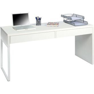 Dmora Bureau Houston, Bureau r&eacute;versible, Table d&eacute;tude de support pc avec 2 tiroirs, cm 138x50h75, Blanc brillant, avec emballage renforc&eacute; - Dmora
