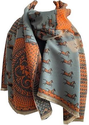 GFM Ch&acirc;le pashmina imprim&eacute; chevaux au toucher cachemire pour femme pour lautomne et lhiver (HSSHL-AA), Hsshl-f-bleu orange, L