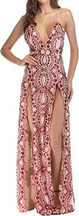 Generic Robe longue sexy grande taille dos nu extensible à paillettes fendue robe dété robe de soirée, Rouge, L