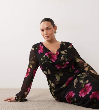 Asos Curve ASOS DESIGN Curve Maxikleid aus Chiffon mit Wasserfallausschnitt und Blumenmuster in Dunkelpink-Multi