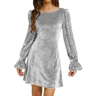 Generic Mini robe en velours &agrave; paillettes pour femme, coupe trap&egrave;ze, manches cloches, manches cloches scintillantes, robe de soir&eacute;e, de cocktail, pour occasio