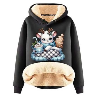 Generic 2026 Printemps Mode No&euml;l Mignon Cerf Imprim&eacute; Femmes Automne Et Hiver Velours &Eacute;pais Chaud Cardigan Sweat &agrave; Capuche, Noir, XXL