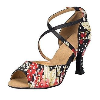 Minitoo L070 Latino Salsa Sandales de Danse pour Femme avec Fleurs imprimées et Sangle à la Cheville Satin - Noir - Nero Floreale, 39.5 EU EU