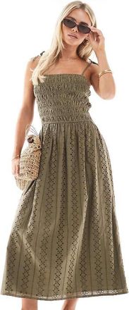 Miss Selfridge Maxikleid in Khaki mit Lochstickerei und Riemchenträgern-Grün