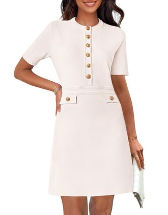 Merokeety Damen Strickkleid, Bodycon, Pulloverkleid mit Kn&ouml;pfen, Kurzarm, Rundhals, Elegantes Mini-Kleid f&uuml;r formelle Anl&auml;sse, Elfenbein, Klein