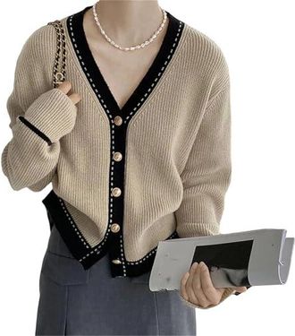 Generic Cardigan tricot&eacute; &eacute;l&eacute;gant &agrave; col en V et manches longues pour femme - Cardigan cor&eacute;en ample d&eacute;contract&eacute;, Kaki, taille unique
