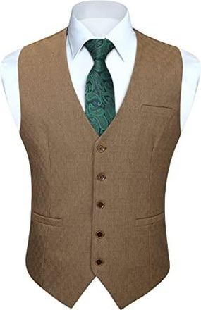 Hisdern Gilet Costume Homme Marron Mariage Formel Classique Couleur Unie Gilets Sans Manche Hommes Brun Coton avec Poches Fête 3XL
