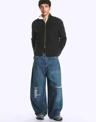 Weekday jean large baggy &agrave; entrejambe tombant avec d&eacute;tails us&eacute;s en bleu