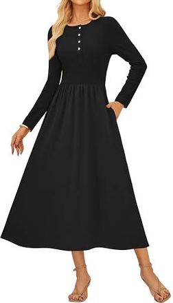 Grace Karin Robe pull &agrave; manches longues avec poches, col rond, robe dhiver boutonn&eacute;e pour femme, robe &eacute;l&eacute;gante pour invit&eacute;e de mariage, bal de fin dann&eacute;e, Noir, M