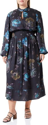 Replay Damen Maxikleid Langarm All Over Print, Dark Brown/Multicolor 010 (Mehrfarbig), XXS