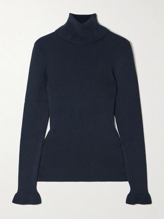 Chloé Pull À Col Roulé En Coton Et Laine Mélangés Côtelés - Bleu