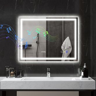 HOMCOM Badspiegel mit Beleuchtung 80x60 cm LED Spiegel Wandspiegel mit Bluetooth-Musikfunktion Memory-Funktion Uhr 3 Lichtfarben Beschlagfrei Lichtspiegel mi