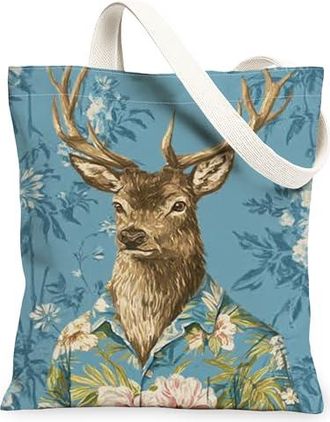 Generic Sacs fourre-tout en toile motif cerf floral, sacs d&eacute;picerie r&eacute;utilisables, l&eacute;gers et lavables avec bandouli&egrave;re pour gris, Bleu, 13x15 Inch