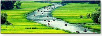 Paul Sinus Art Leinwandbilder | Bilder Leinwand 120x40cm Fluss NinhBinh zwischen Reisfeldern - Vietnam
