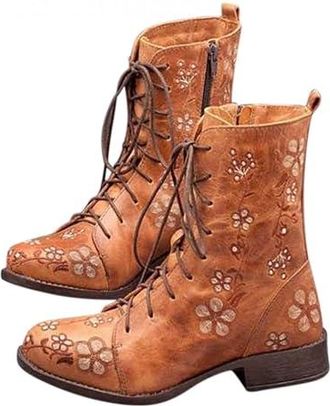 Generic Bottes dhiver pour femme - Bottes de marche mi-mollet - Bottines de combat brodées à fleurs - Chaussures de combat à lacets pour femme - En cuir à fle