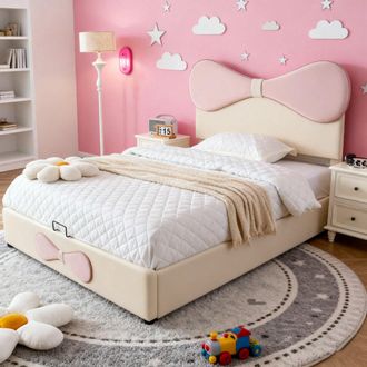 Generic Polsterdoppelbett 140x200 cm, Hydraulik-Bett Beige/Rosa | Verstellbares Kopfteil, Metall-Lattenrost | Samt, Stauraum, ohne Matratze